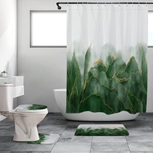 icosamro green shower curtain set with rugs and accessories bathroom set 4 pcs (forest bath mat, u shape rug, toilet lid cover mat and 12 hooks), green