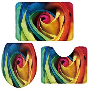 apular fashion 3 piece bath rugs set colorful rose flower floral non slip ultra soft bathroom accessories mats, u shape mat and toilet lid cover mat bath mats