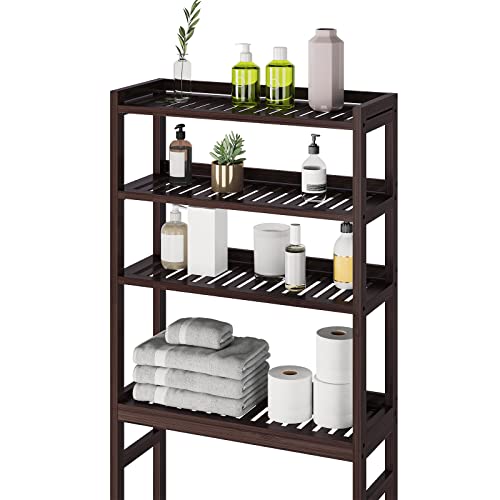 HOOBRO Over Toilet Bathroom Organizer, 4 Tier Bamboo Over The Toilet Storage Shelf, 23.6" L x 9.4" W x 65.7" H, Space-Saving, Stable, Easy Assembly, for Bathroom, Laundry, Restroom, Brown BR04TS01