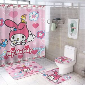 fmsnupz 4pcs anime shower curtain set, cute bathroom decor with non-slip rugs, toilet lid cover and bath mat, waterproof fabric shower curtains with 12 hooks, 70.8"x70.8"