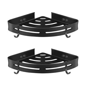 shower corner shelf, adhesive black shower caddy wall mounted, non-drilled kitchen rack bathroom corner shelf with hooks, aluminum storage shelves for bathroom, 2-pack paste or driling