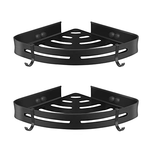 Shower Corner Shelf, Adhesive Black Shower Caddy Wall Mounted, Non-drilled Kitchen Rack Bathroom Corner Shelf with Hooks, Aluminum Storage Shelves for Bathroom, 2-pack Paste or Driling