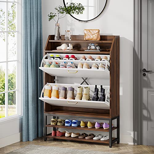 Tribesigns Shoe Cabinet for Entryway, Freestanding Tipping Bucket Shoe Organizer, Narrow Shoe Rack with 2 Flip Drawers & Open Storage Shelves, Industrial Slim Shoe Storage Cabinet for Small Space