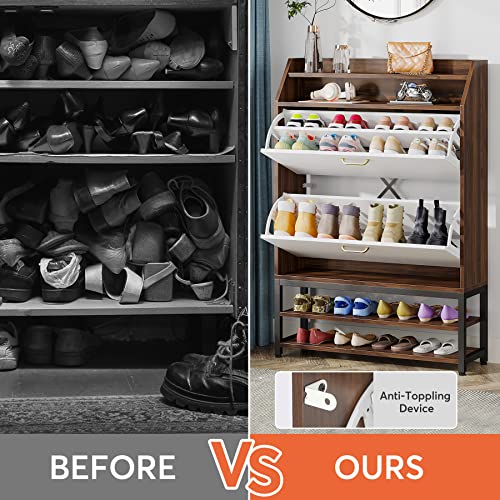 Tribesigns Shoe Cabinet for Entryway, Freestanding Tipping Bucket Shoe Organizer, Narrow Shoe Rack with 2 Flip Drawers & Open Storage Shelves, Industrial Slim Shoe Storage Cabinet for Small Space