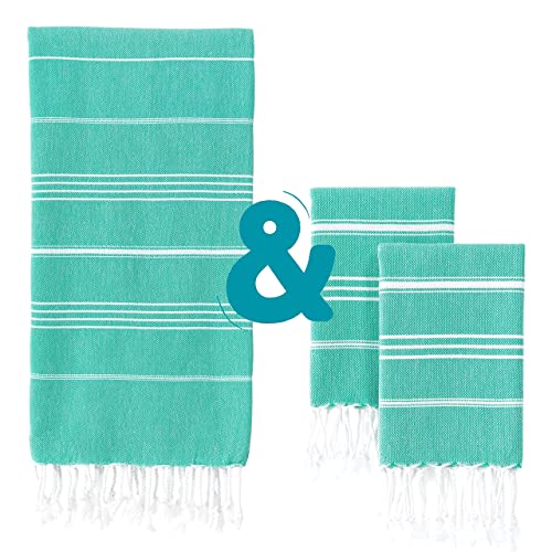 WETCAT Bundle: Turkish Bath Towel (38 x 71) and Turkish Hand Towels (20 x 30, Set of 2) - 100% Cotton, Prewashed for Soft Feel - Mint Green Decor & Mint Green Kitchen Accessories and Decor