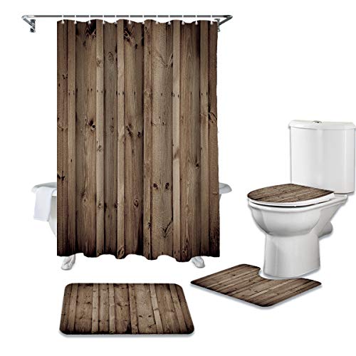 ZGDPBYF Vintage Brown Wooden Board Shower Curtain Sets Non-Slip Rugs Toilet Lid Cover and Bath Mat Waterproof Bathroom Curtains (4pcs)