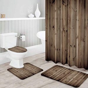 ZGDPBYF Vintage Brown Wooden Board Shower Curtain Sets Non-Slip Rugs Toilet Lid Cover and Bath Mat Waterproof Bathroom Curtains (4pcs)