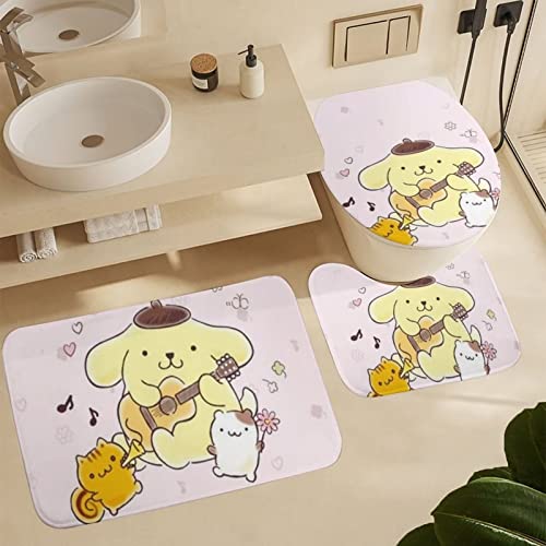 Pompompurin Playing Guitar Cute 4 Piece Bath Set Bathroom Decoration Set with Shower Curtain Set Non Slip Floor Mat Toilet Lid Bath Mat Polyester Waterproof Shower Curtain