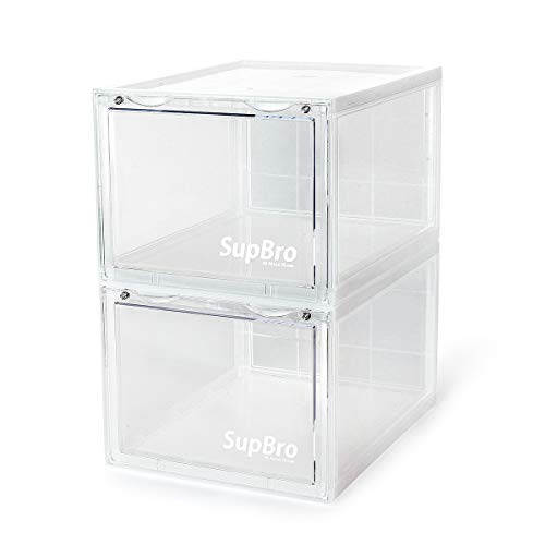 SupBro Collection Crate - Easy Access Storage Shoes Box -Plastic Foldable Stackable Sneaker Display Storage with Clear Front Door Organizer-2 Pack (Transparent)