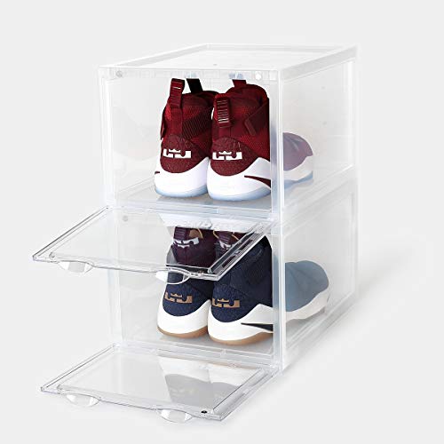 SupBro Collection Crate - Easy Access Storage Shoes Box -Plastic Foldable Stackable Sneaker Display Storage with Clear Front Door Organizer-2 Pack (Transparent)