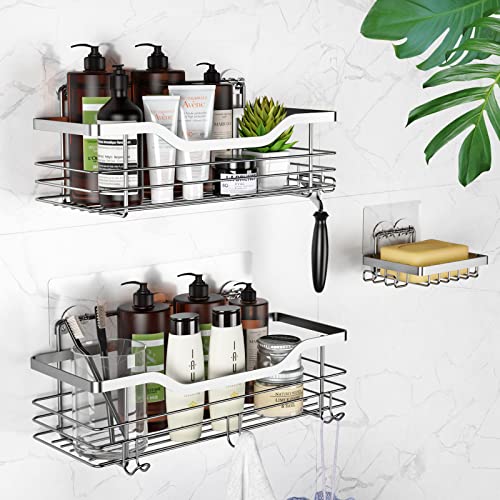 GOGOKIT Shower Caddy with Hanging Hooks - Wall Mounted Storage - 3 Pack - Kitchen Organizer Rack - No Drilling Adhesive Mount - Stainless Steel Rustproof Tidy Accessories Holder - Large Capacity (Silver)