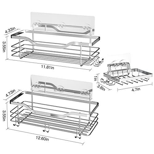 GOGOKIT Shower Caddy with Hanging Hooks - Wall Mounted Storage - 3 Pack - Kitchen Organizer Rack - No Drilling Adhesive Mount - Stainless Steel Rustproof Tidy Accessories Holder - Large Capacity (Silver)