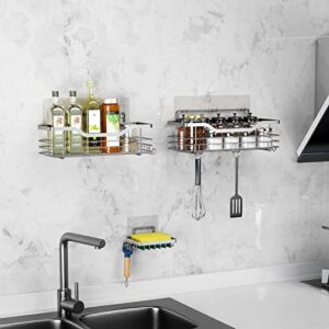 GOGOKIT Shower Caddy with Hanging Hooks - Wall Mounted Storage - 3 Pack - Kitchen Organizer Rack - No Drilling Adhesive Mount - Stainless Steel Rustproof Tidy Accessories Holder - Large Capacity (Silver)