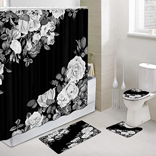 Jipusai Black and White Rose Shower Curtain Sets for Bathroom, White Gray Blossom Floral Bath Curatin Sets with Non-Slip Rugs, Toilet Lid Cover and Bath Mat