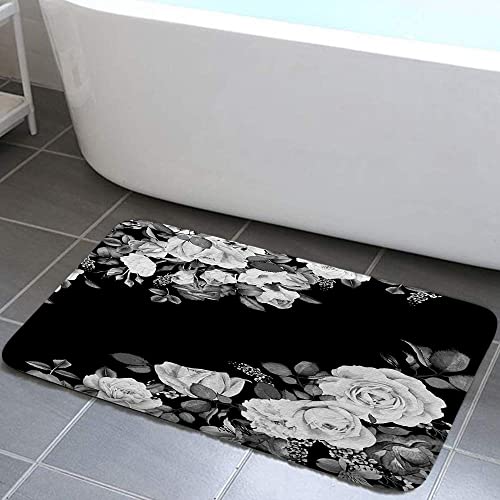 Jipusai Black and White Rose Shower Curtain Sets for Bathroom, White Gray Blossom Floral Bath Curatin Sets with Non-Slip Rugs, Toilet Lid Cover and Bath Mat