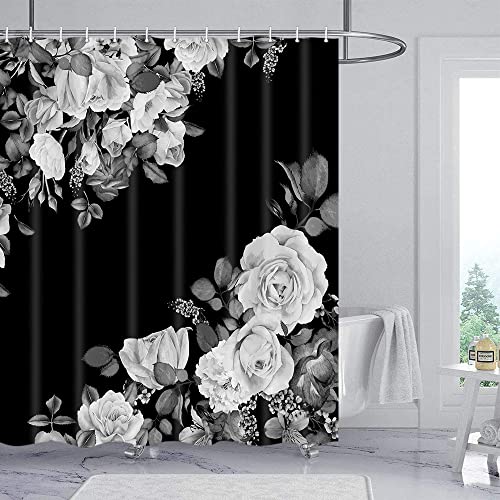 Jipusai Black and White Rose Shower Curtain Sets for Bathroom, White Gray Blossom Floral Bath Curatin Sets with Non-Slip Rugs, Toilet Lid Cover and Bath Mat