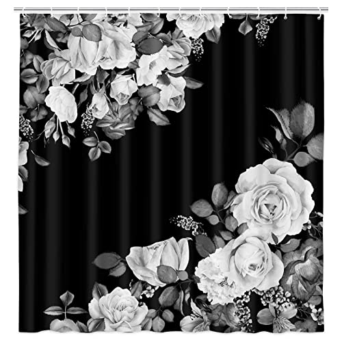 Jipusai Black and White Rose Shower Curtain Sets for Bathroom, White Gray Blossom Floral Bath Curatin Sets with Non-Slip Rugs, Toilet Lid Cover and Bath Mat