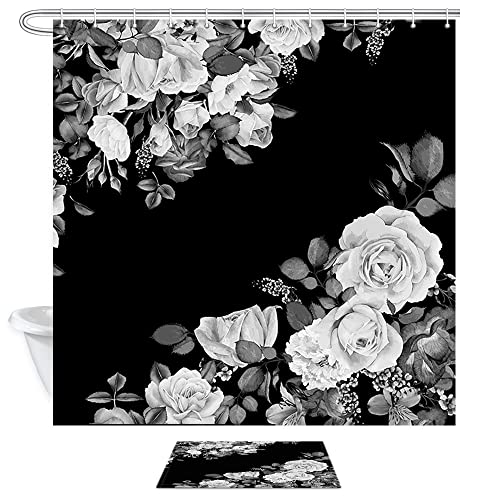 Jipusai Black and White Rose Shower Curtain Sets for Bathroom, White Gray Blossom Floral Bath Curatin Sets with Non-Slip Rugs, Toilet Lid Cover and Bath Mat