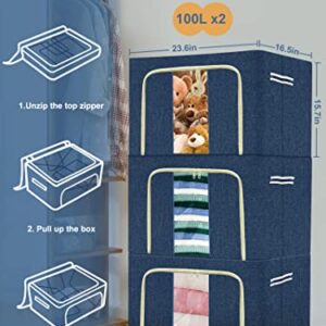 Clothes Storage Bins Boxes - 2 Pack 100L Foldable Stackable Container Organizer Set With Metal Frame, Label Holder, Clear Window, 26.4Gal Large Capacity Oxford Fabric For Closet Blanket