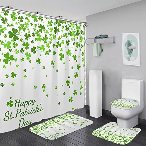 4 Pcs St. Patrick's Day Shower Curtain Sets with Rugs, Irish Gnomes Green Shamrocks Buffalo Plaid Truck Waterproof Shower Curtains for Bathroom with Hooks, Spring Holiday Home Bath Bathtub Decor