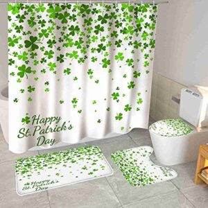 4 Pcs St. Patrick's Day Shower Curtain Sets with Rugs, Irish Gnomes Green Shamrocks Buffalo Plaid Truck Waterproof Shower Curtains for Bathroom with Hooks, Spring Holiday Home Bath Bathtub Decor