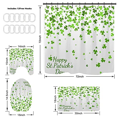 4 Pcs St. Patrick's Day Shower Curtain Sets with Rugs, Irish Gnomes Green Shamrocks Buffalo Plaid Truck Waterproof Shower Curtains for Bathroom with Hooks, Spring Holiday Home Bath Bathtub Decor