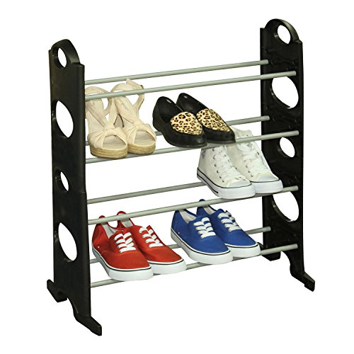 Home Basics 12 Pair Organizer Shoe Rack, 4 Tiered Shoe Organizer, Storage Shelf, Ideal for Entryway Hallway, Black