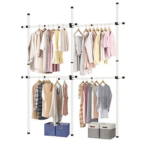 tonchean Floor to Ceiling Clothing Rack Tension Rod Clothes Rack Double 2-Tier Adjustable Clothes Garment Rack Heavy Duty Closet Organizer System