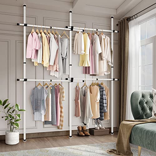 tonchean Floor to Ceiling Clothing Rack Tension Rod Clothes Rack Double 2-Tier Adjustable Clothes Garment Rack Heavy Duty Closet Organizer System