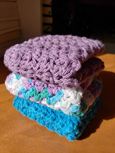 Handmade crochet washcloths, dishcloths,100% cotton set of 3 (Hot blue, purple and beach ball blue colors) * thick and dense*