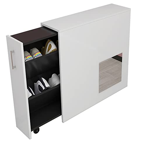 Pull-Out Shoe Rack, Shoe Cabinet with Hidden Shoe Rack Modern Shoe Cabinet, Storage Shoe Cabinet with Wheels and Mirror Creative Closet Shoe Cubby Decorative Furniture, White