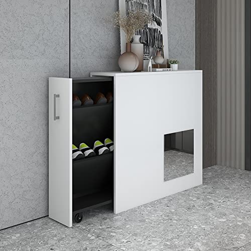 Pull-Out Shoe Rack, Shoe Cabinet with Hidden Shoe Rack Modern Shoe Cabinet, Storage Shoe Cabinet with Wheels and Mirror Creative Closet Shoe Cubby Decorative Furniture, White