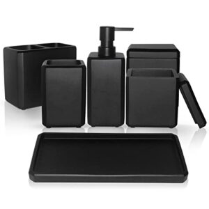 nests of eden 6 pcs matte black bathroom accessory set, liquid soap dispenser, toothbrush holder, tumbler, cotton swab dispenser, cotton ball dispenser, vanity tray, bathroom vanity set