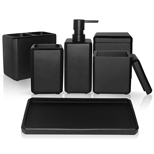 Nests of Eden 6 Pcs Matte Black Bathroom Accessory Set, Liquid Soap Dispenser, Toothbrush Holder, Tumbler, Cotton Swab Dispenser, Cotton Ball Dispenser, Vanity Tray, Bathroom Vanity Set