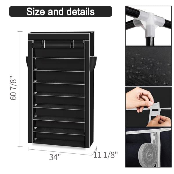 MUYIASER 10 Tier Shoe Rack With Nonwoven Fabric Cover 30-40 Pairs Shoe Rack Storage Organizer Boot Aad Shoe Shelf Black