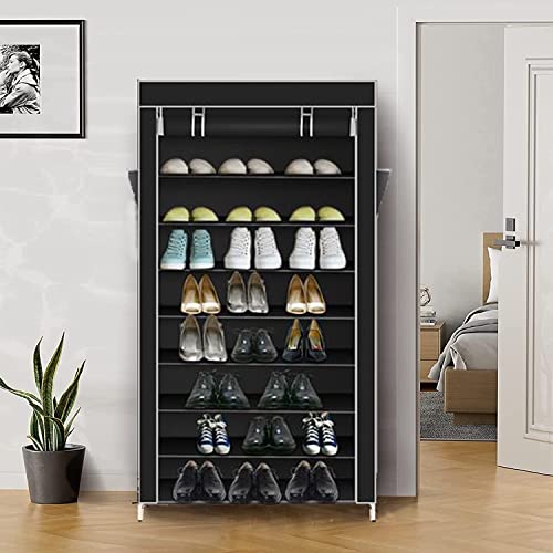 MUYIASER 10 Tier Shoe Rack With Nonwoven Fabric Cover 30-40 Pairs Shoe Rack Storage Organizer Boot Aad Shoe Shelf Black