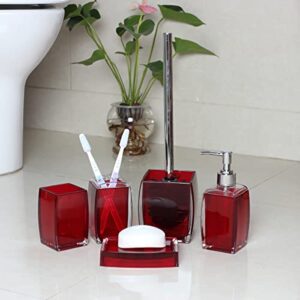 TUANYO Resin Red Bathroom Accessories Set, 5 Piece Acrylic Bathroom Accessory Set with Toothbrush Holder Tumbler Soap Dispenser Soap Dish Toilet Brush Set(Red)