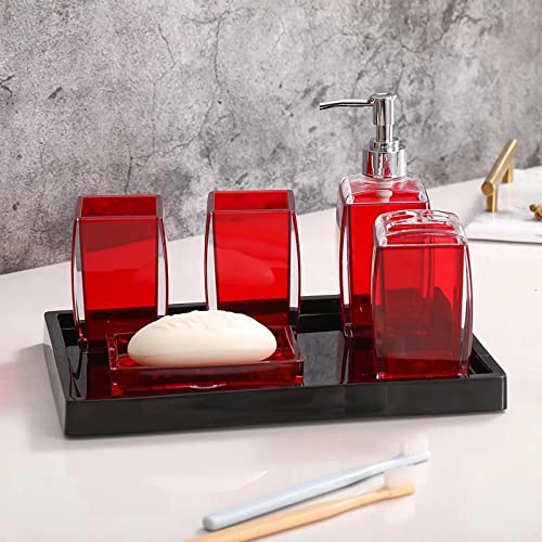 TUANYO Resin Red Bathroom Accessories Set, 5 Piece Acrylic Bathroom Accessory Set with Toothbrush Holder Tumbler Soap Dispenser Soap Dish Toilet Brush Set(Red)