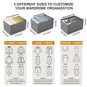 Secret Space Wardrobe Clothes Organizer, 4 Pack Durable Large 7 Grids Clothes Organizer for Folded Clothes, Washable Closet Drawer Storage Organizer for Clothes, Pants, Jeans and T-Shirt, Drak Grey