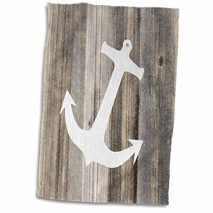 3d rose image of white anchor on weathered planks hand towel, 15" x 22"