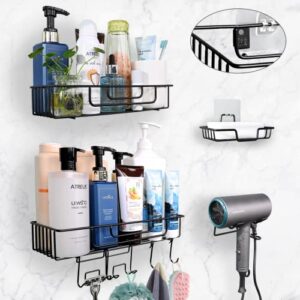 eatakward 4 pack shower caddy basket shelf with soap dish,hair dryer holder &hooks strong adhesive wall mounted shelf organizer storage rack 304 stainless steel shelves for bathroom kitchen, black