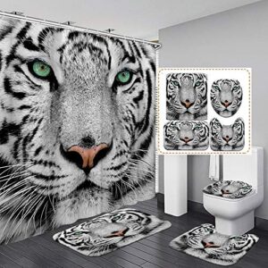 Black Tiger with Green Eyes Shower Curtain Sets with Non-Slip Rugs, Toilet Lid Cover and Bath Mat, Africa Animals Shower Curtains with 12 Hooks Durable Waterproof Bath Curtain