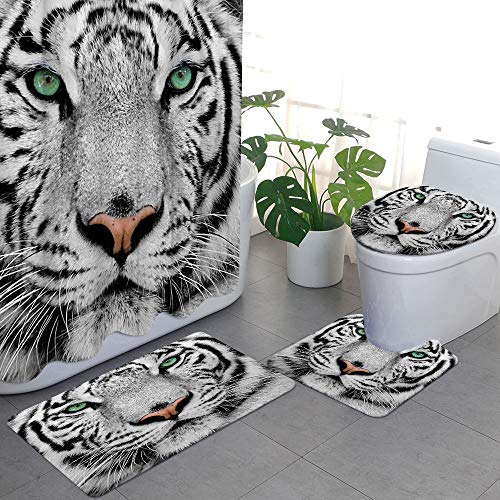 Black Tiger with Green Eyes Shower Curtain Sets with Non-Slip Rugs, Toilet Lid Cover and Bath Mat, Africa Animals Shower Curtains with 12 Hooks Durable Waterproof Bath Curtain