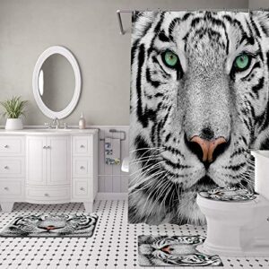 Black Tiger with Green Eyes Shower Curtain Sets with Non-Slip Rugs, Toilet Lid Cover and Bath Mat, Africa Animals Shower Curtains with 12 Hooks Durable Waterproof Bath Curtain