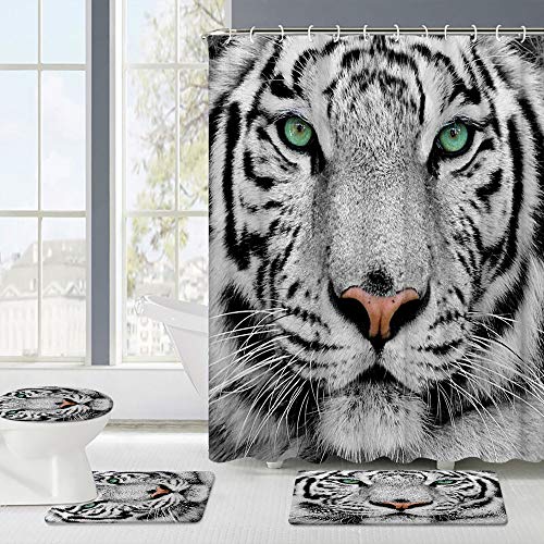 Black Tiger with Green Eyes Shower Curtain Sets with Non-Slip Rugs, Toilet Lid Cover and Bath Mat, Africa Animals Shower Curtains with 12 Hooks Durable Waterproof Bath Curtain