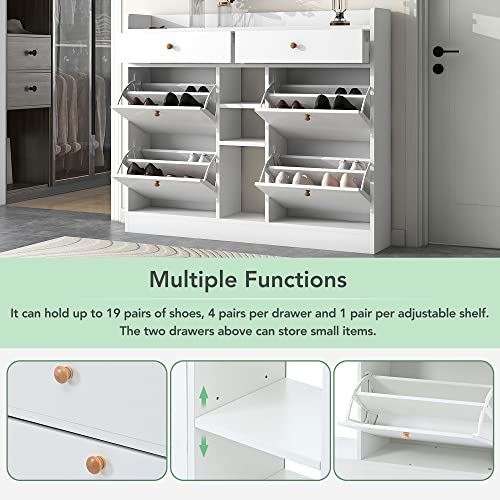 Angel Sar Modern Shoe Cabinet with 4 Flip Drawers, Slim Narrow Shoe Storage Cabinet for Entryway, White Shoe Storage Organizer for Bedroom, Living Room, Hallway