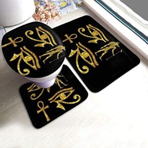 ancient egyptian ankh gold bathroom antiskid pad set 3 piece bath mat,water absorption contour,toilet lid cover