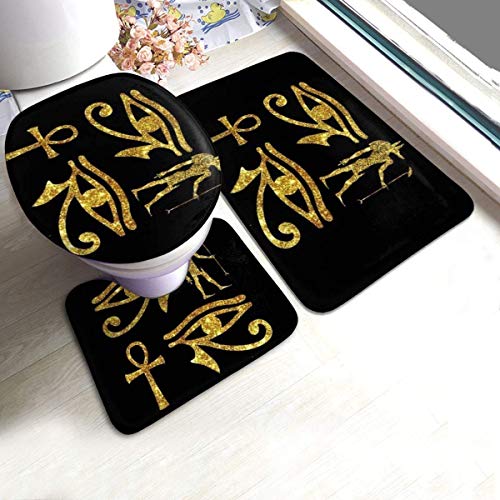 Ancient Egyptian Ankh Gold Bathroom Antiskid Pad Set 3 Piece Bath Mat,Water Absorption Contour,Toilet Lid Cover