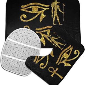 Ancient Egyptian Ankh Gold Bathroom Antiskid Pad Set 3 Piece Bath Mat,Water Absorption Contour,Toilet Lid Cover