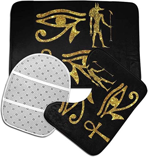 Ancient Egyptian Ankh Gold Bathroom Antiskid Pad Set 3 Piece Bath Mat,Water Absorption Contour,Toilet Lid Cover